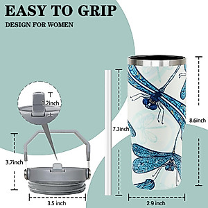 Dragonfly Tumbler with Handle and Straw, Stainless Steel Vacuum Insulated Flip Straw 30 oz Dragonfly Tumbler Spill Proof Coffee Travel Mug Dragonfly Gifts for Women