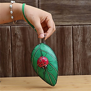 Fanyixuan Ladies Leaf Ladybug Leather Coin Purse Can Put Coin Clutch Bag Handmade Leather Creative Key Case (Green)
