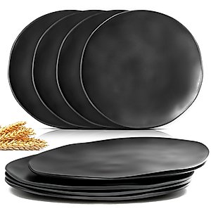 Teivio 8-Piece Irregular Large Plastic Wheat Straw Dinner Plate Set, 10.6'' Thick Round Kitchen Dinner Plates, Lightweight & Unbreakable Dinnerware Dishes Set for Fruit Snack Pizza Pasta, Black