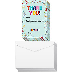 72 Pieces Kids Thank You Cards Fill in the Blank Thank You Notes with Envelopes Colorful Thanks Cards for Birthday Party(Confetti Style)