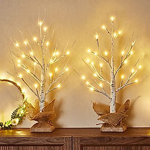 Lighted Birch Tree, 2pcs 24”H Tabletop Tree Light with Burlap Decor, Pre-Lit 24 LED Warm White Lights, Timer Function, Money Tree Perfect for Spring Home Centerpiece Decor, Indoor&Outdoor Use