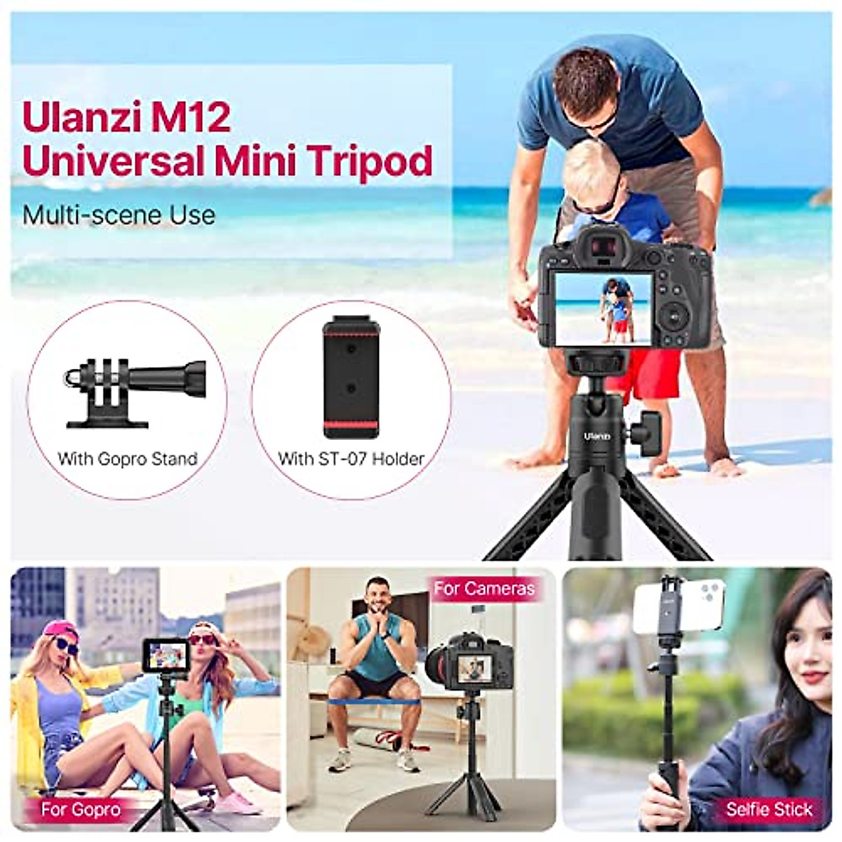 ULANZI M12 Extendable Selfie Stick for Gopro, Portable Vlog Cell Phone Tripod Stand with Phone Mount and Gopro Adapter, Mini Hand Grip Compatible with Gopro Hero 10/9/8/7/6/5 and Smartphone