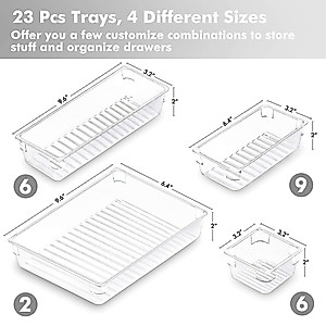 CHEFSTORY 23 PCS Clear Drawer Organizers Set, 4 Sizes Plastic Vanity Drawer Organizers and Storage Bins, Desk Drawer Organizer Trays with Non-slip Silicone Pads for Makeup,Bathroom and Kitchen