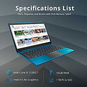 Gateway 14.1" Ultra Slim Laptop, IPS FHD Display, Intel i5-1135G7 Processor, 16GB RAM, 1TB PCIe SSD, Intel Iris Xe Graphics, Camera, Fingerprint Scanner, Bluetooth, Blue, Win 10, 32GB USB Card