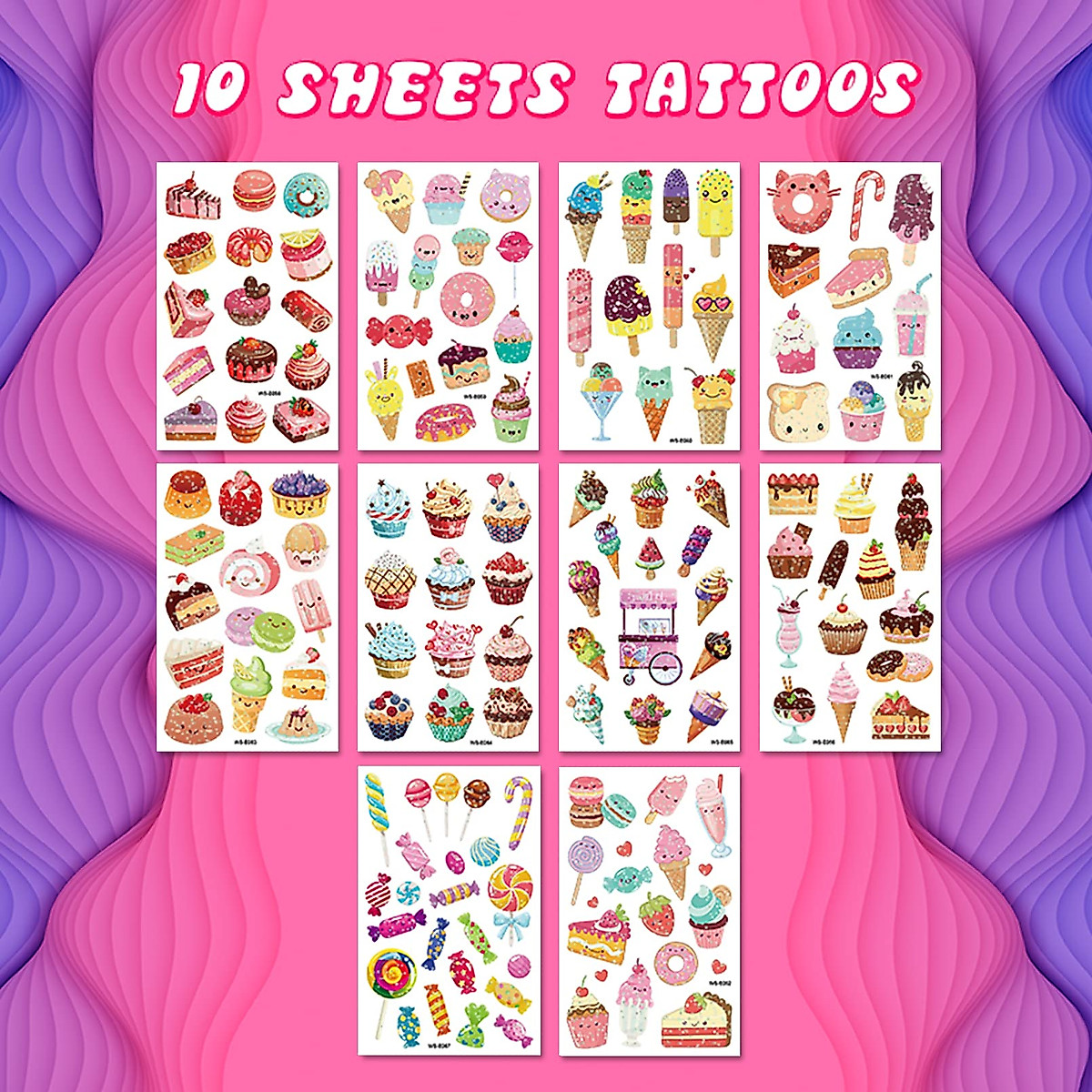 Casciybo Glitter Ice Cream Temporary Tattoos for Kids, 130 Styles Cupcake Tiramisu Donut Dessert Fake Waterproof Tattoo Stickers for Kids Birthday Party Favors Supplies Gifts Decorations