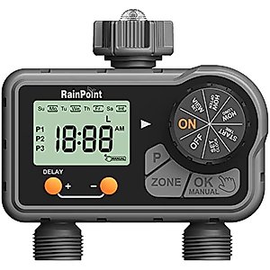 RAINPOINT Sprinkler Timer,Water Timer with 6 Programmable Procedure Rain Delay/Manual/Automatic Mode,Outdoor Hose Timer for Week/Specific/Daily Day Cycle Watering for Lawn Garden Irrigation,2 Outlet