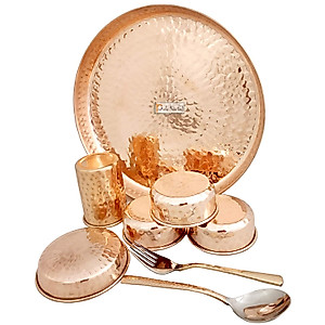 Prisha India Craft Pure Copper Thali Set of Plate, Bowl, Spoon, Fork, Glass, 12-inch