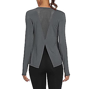 Mippo Long Sleeve Yoga Tops for Women Open Back Workout Shirts Gym Tops Running Athletic Shirts Workout Clothes Deep Gray M