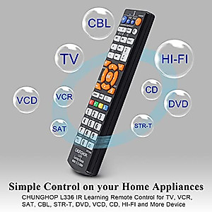 CHUNGHOP Universal IR Learning Remote Control for Smart TV VCR CBL DVD SAT STR-TV CD VCD HI-FI, for All Brands IR Remote 3 in 1 Programmable Controller L336