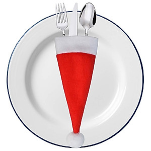 Marrywindix 50 Pieces Christmas Santa Hats Silverware Holders, Christmas Cutlery Holders for Xmas Party Dinner Utensil and Flatware Organizers Decorations Supplies