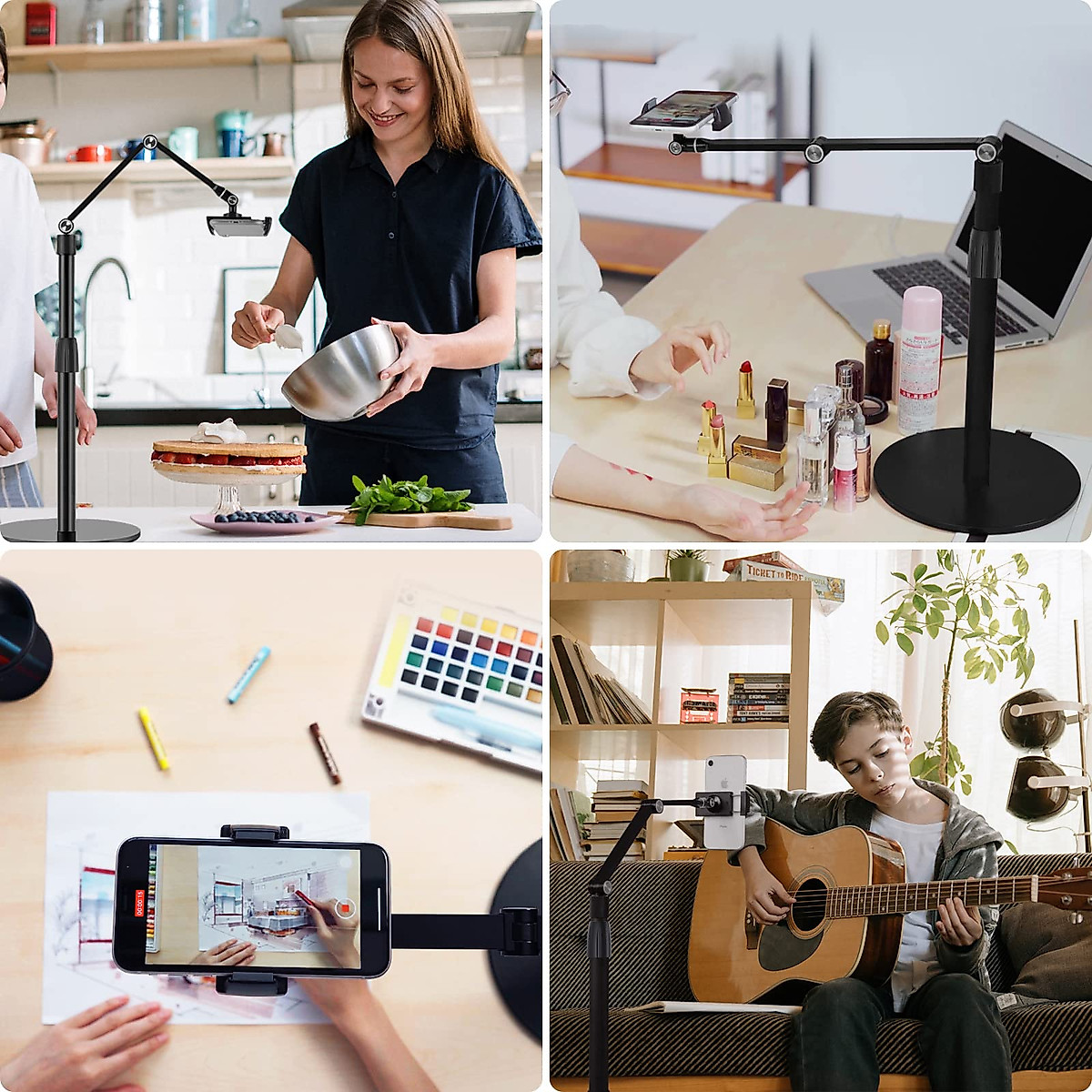 Viozon Tablet Phone Overhead Stand, Height & 360 Degree Angle Adjustable, Aluminum Desktop Stand, Compatible with 3.5-11" Cellphone or Tablet Such as iPhone iPad Pro Air Mini, Samsung, Nexus(AP-4P-B)