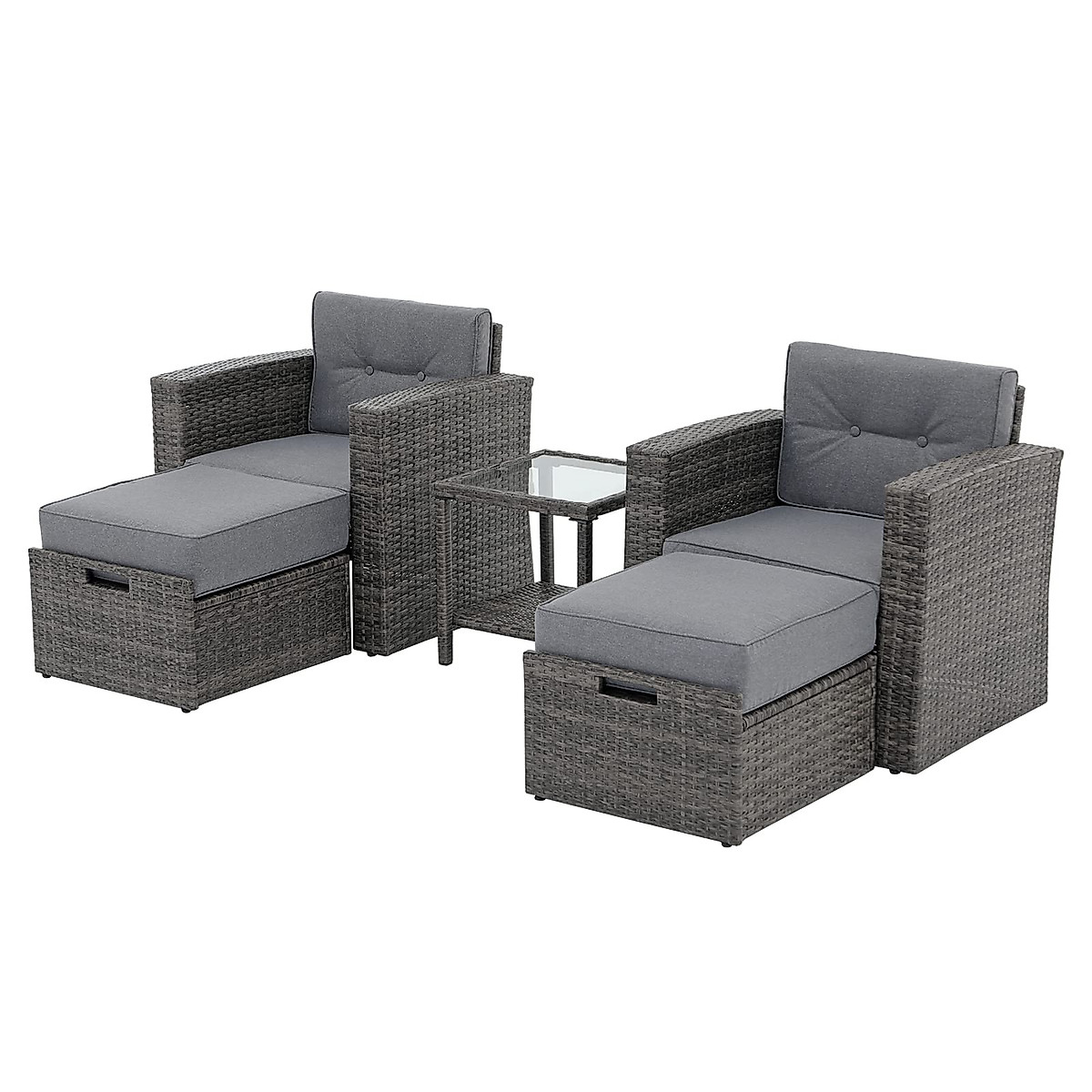 Super Patio 5 Piece Wicker Outdoor Sofa Set, Patio Conversation Set with Ottoman Set, Outdoor Couch Set with Tempered Glass Side Table for Poolside, Front Porch, Deck, Garden, Gray Wicker