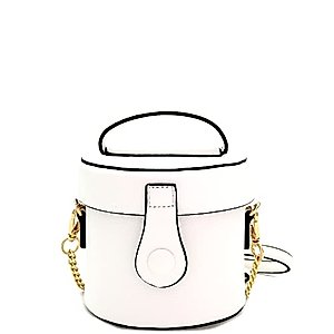 Womens Girls Faux Leather Top-Handle Small Bucket Round Satchel Purse Crossbody Bag (White)