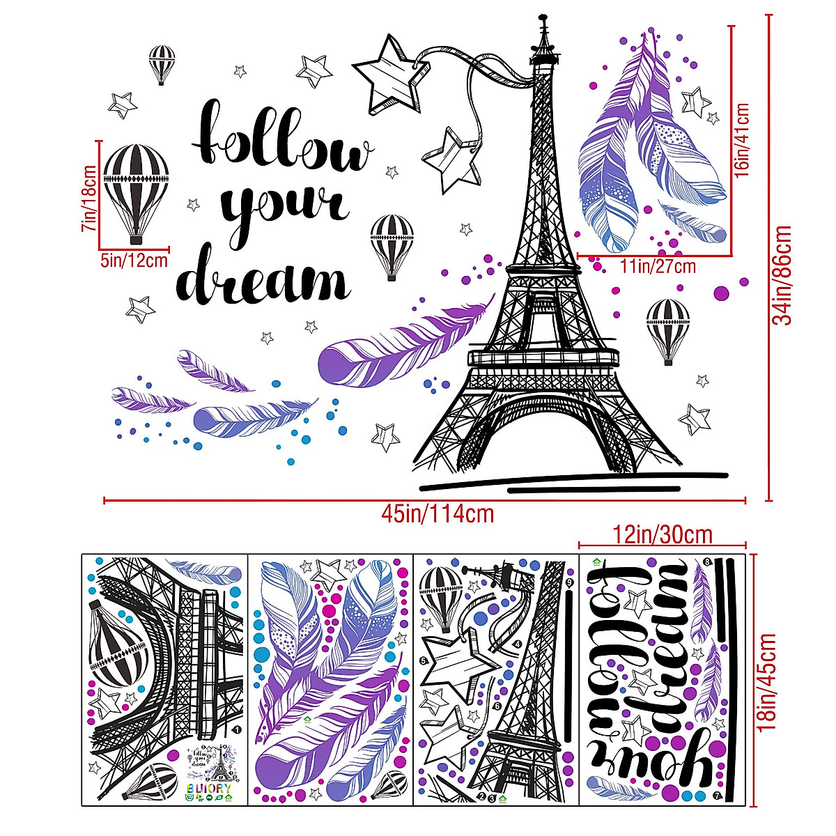 RW-4939 Giant Eiffel Tower Wall Decals Purple Feather Stars Vinyl Wall Stickers DIY Removable Balck Unique Paris Hot Air Balloons Stars Decor for Kids Teens Bedroom Living Room Nursery Decoration