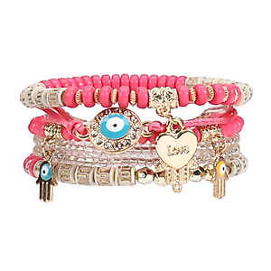WuCuifu Stackable Bracelets for Women - 8 Packs Bohemian Stretch Bracelets Multi-color Jewelry for Women Evil Eyes Bracelets, Pink