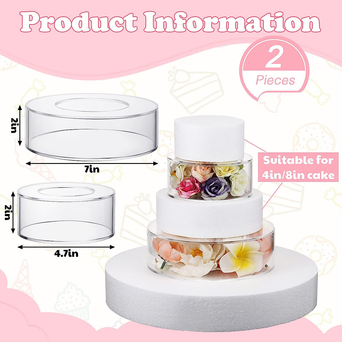 Weysat 2 Pcs Acrylic Fillable Cake Stand 7 Inch and 4.7 Inch Clear Cake Riser Round Cake Tier Decorative Cylinder Stand for Wedding Birthday Party(7''D x 2''H, 4.7''D x 2''H)