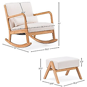 YOLENY Fabric Rocking Chair,Mid-Century Glider Rocker with Padded Seat, with Ottoman,Seat Wood Base,Linen Accent Chair for Living Room,New Beige