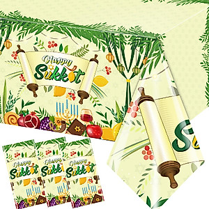 Sukkah Sukkot Tablecloth - Disposable Happy Sukkot Decorations Plastic Tablecloth, Jewish Holiday Party Decorations 3pcs Etrog Lulav Decor Table Cover, Jewish Table Supplies, 108 x 180 cm