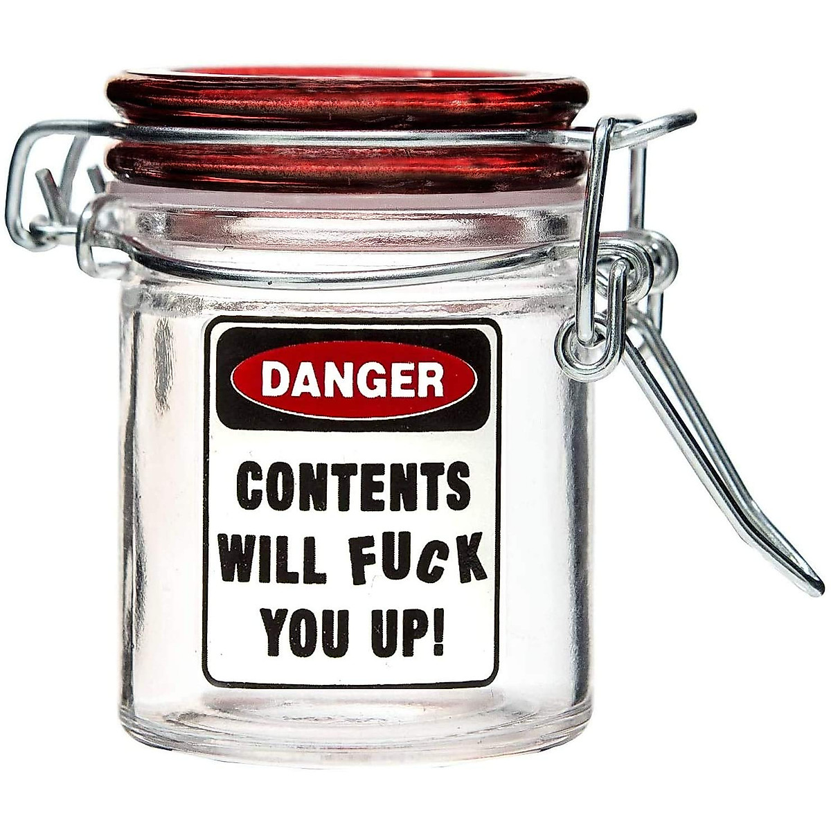 Airtight Glass Herb Stash Jar, 5oz Mason Style with Clamping Lid - Danger Contents Will F You Up with Red Glass Lid