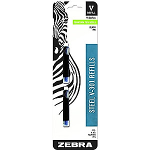 Zebra Pen V-301 Stainless Steel Fountain Pen Refill, Fine Point, 0.7mm, Black Ink, 2-Pack