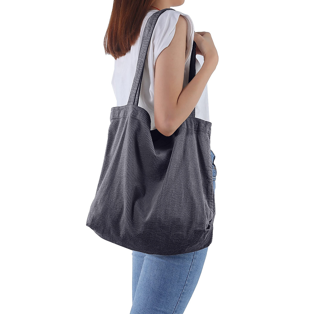 ALUWU Corduroy Tote Bag for Women Casual Work Canvas Shoulder Handbags Cute Large Purse Grey