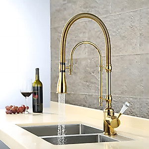 KunMai Single Handle High Arc Swiveling Dual-Mode Pull-Down Sprayer Kitchen Sink Faucet with Porcelain Handle in Polished Gold,Lead-Free Solid Brass Pre Rinse Faucet