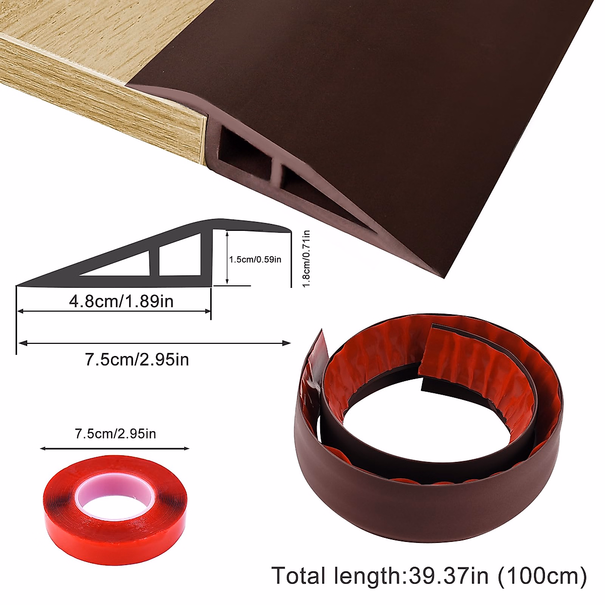 3.3Ft Self-Adhesive Floor Transition Strip, 1/2''~3/5'' Height Carpet to Tile Floor Divider Strip Reducer Peel and Stick Floor Edging Trim Strip Doorway Threshold Cover for Laminate Floor Mat (Coffee)