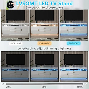 LVSOMT High Gloss Entertainment Center White with 3-Colors Lighting, LED Modern TV Stand for 65+ inch TV, Home Storage Cabinet, Console Media Cabinet for Living Room (Pearl White)