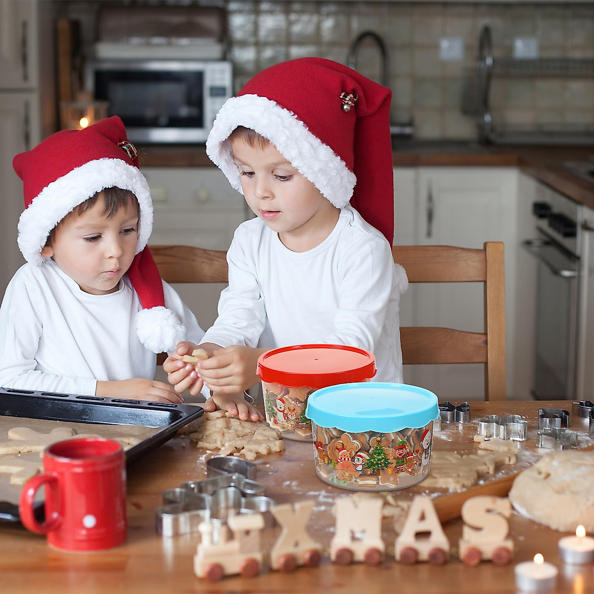 Sliner 6 Pcs Christmas Cookie Containers Holiday Plastic Cookie Storage Buckets with Lids Santa Claus Snowman Cookie Containers Red and Blue Reusable box for Holiday Candy Snacks