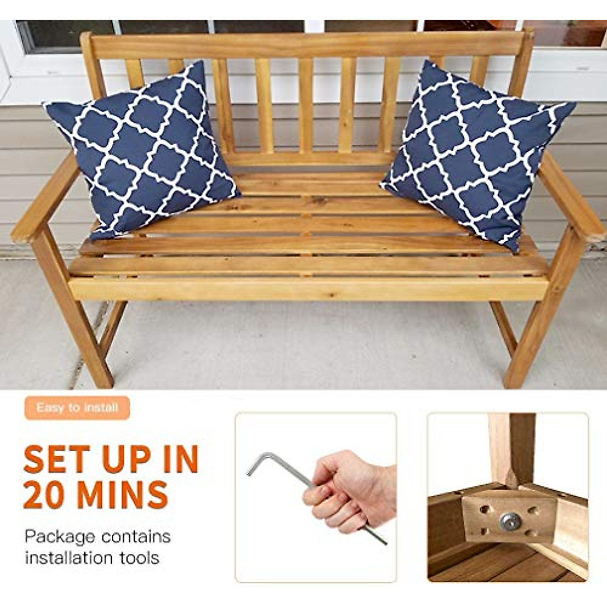 Patio Wood Bench Outdoor Garden Bench, Park Bench 705lbs Outside Porch Chair,Acacia Wood Furniture for Pool Backyard Balcony Deck Lawn Garden Yard Decor Patio ,Natural Oiled,48" W x 22" D x 33" H