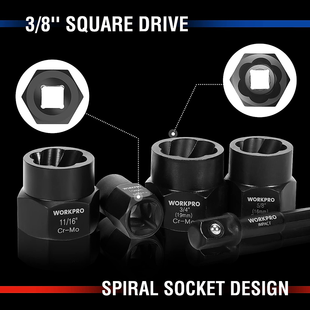 WORKPRO 15 Pieces Impact Bolt & Nut Remover Set, 3/8” Drive Bolt Extractor for Removing Stripped, Damaged, Rounded off and Rusted Bolts & Nuts