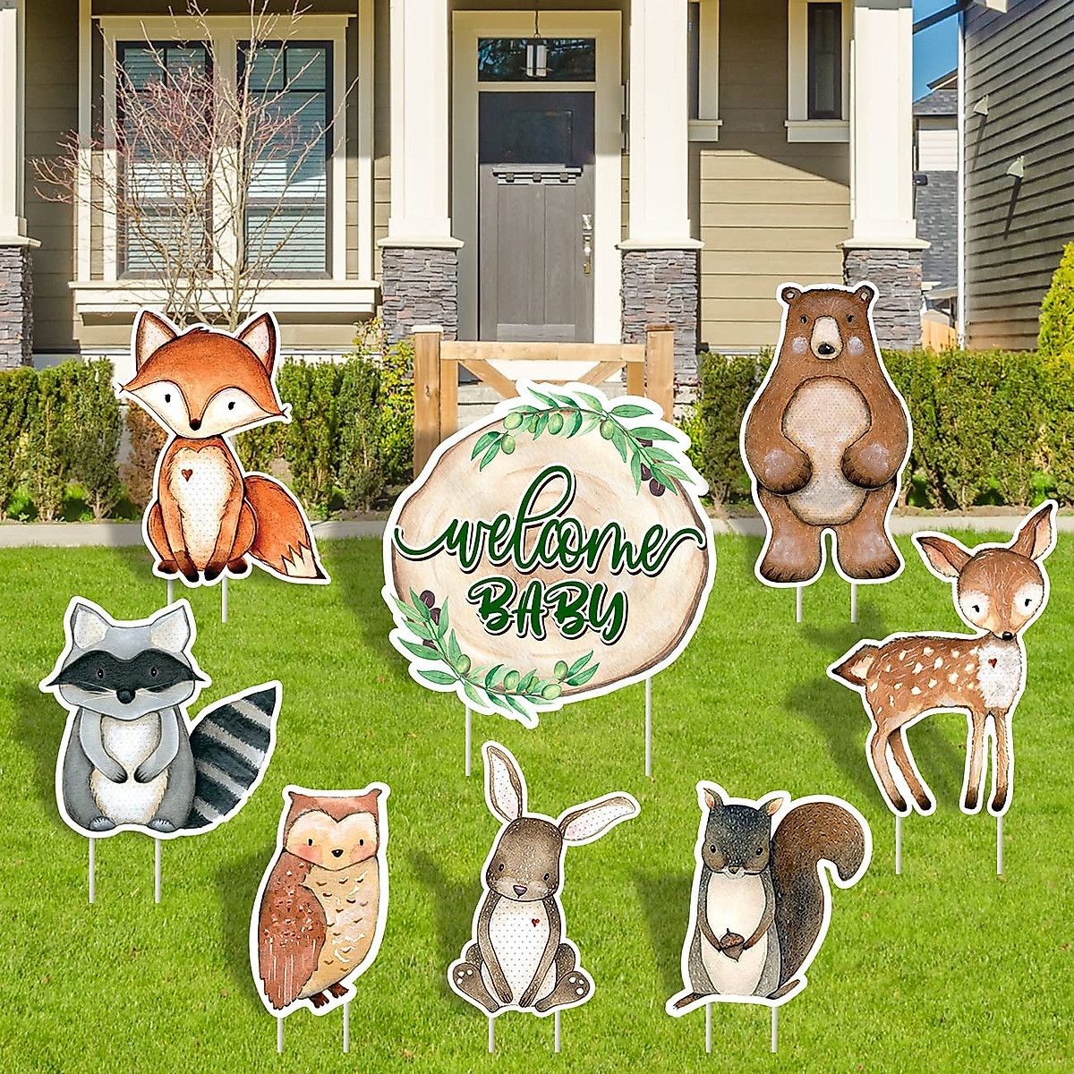 Woodland Baby Shower Yard Sign Set of 8 Gender Neutral Forest Welcome Baby Yard Signs with Stakes for Jungle Animal Indoor Outdoor Lawn Birthday Party Decorations