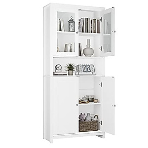 BOTLOG 75" Tall Storage Cabinet, Bathroom Storage Cabinet with Glass Doors and Shelves, Kitchen Pantry Cabinet for Living Room, Bedroom, Freestanding, White