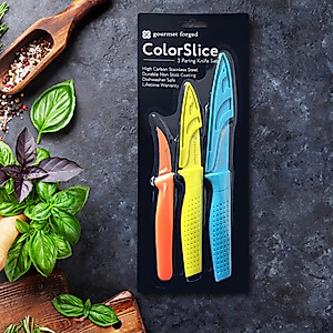 Gourmet Forged ColorSlice 3 PC Color-Coded Paring Knife Set. 5" Fruit Knife, 3.5" Paring, 3" Bird Beak Hook Peeler Curved Non Stick Dishwasher Safe Knives Sharp Stainless Steel Anti Rust