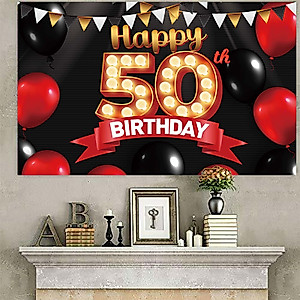 Happy 50th Birthday Black Banner Decorations Gold Backdrop Red and Black Balloons Theme Decor for Girls Women Princess 50 Years Old Birthday Party Supplies Photo Booth Props Background Favors Glitter