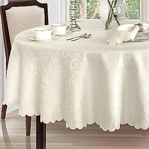 Newbridge Portofino Scalloped Damask Fabric Tablecloth, Wrinkle and Stain Resistant Fine Dining and Holiday Tablecloth, 60 Inch x 84 Inch Oval, Ivory