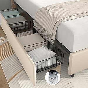 VECELO Queen Size Bed Frame with Ajustable Headboard and 4 Storage Drawers, Velvet Heavy Duty Platform Beds with Strong Wood Slats Support, No Box Spring Needed, Beige