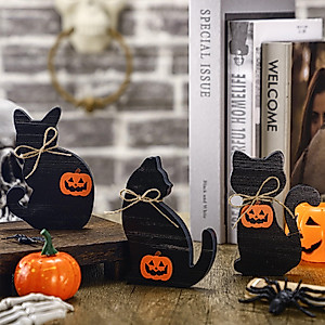 Redbaker 3 Pieces Halloween Black Cat Table Decor Black Cat Tabletop Block Sign Halloween Tiered Tray Decor Rustic Farmhouse Centerpieces for Home Shelf Party supplies