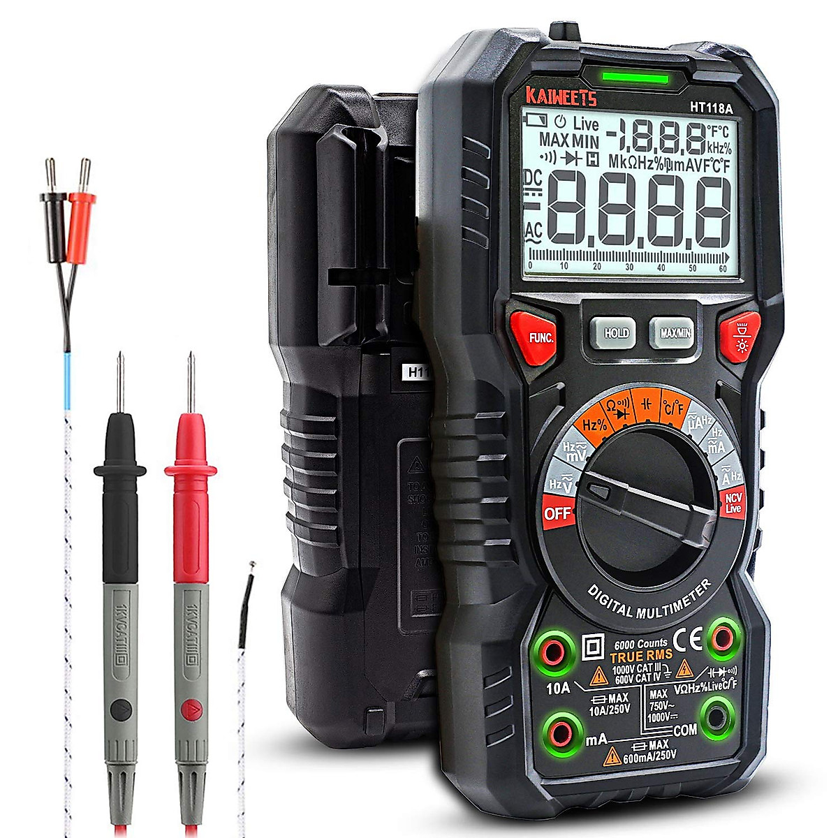 KAIWEETS Digital Multimeter TRMS 6000 Counts Ohmmeter with 5PCS Alligator Clips Electrical Test Leads Set, Multimeter Measures Voltage Current Amp Resistance Diodes Continuity Duty-Cycle Capacitance T