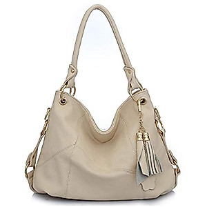 GJGJTER Women Ladies Handbag Purse Shoulder Tassel Stitching Tote Bag-Off White