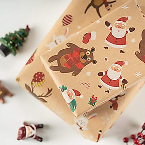 RUSPEPA Christmas Kraft Wrapping Paper Santa Claus Xmas Theme Elements Great for Christmas, Birthdays, Holiday, Baby Shower - 6 Sheets Packed as 1 roll - 17.5 x 30 inches per Sheet