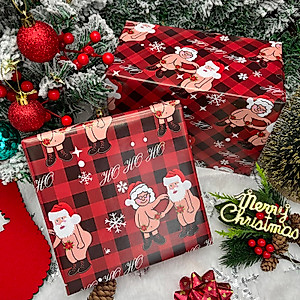 Dtiafu Funny Christmas Wrapping Paper Naughty Santa Gift Wrap Paper Bulk Folded Flat Inappropriate Red Black Plaid Gift Wrapping Paper for Women Men Adult Grandba Grandma Holiday Birthday Baby Shower
