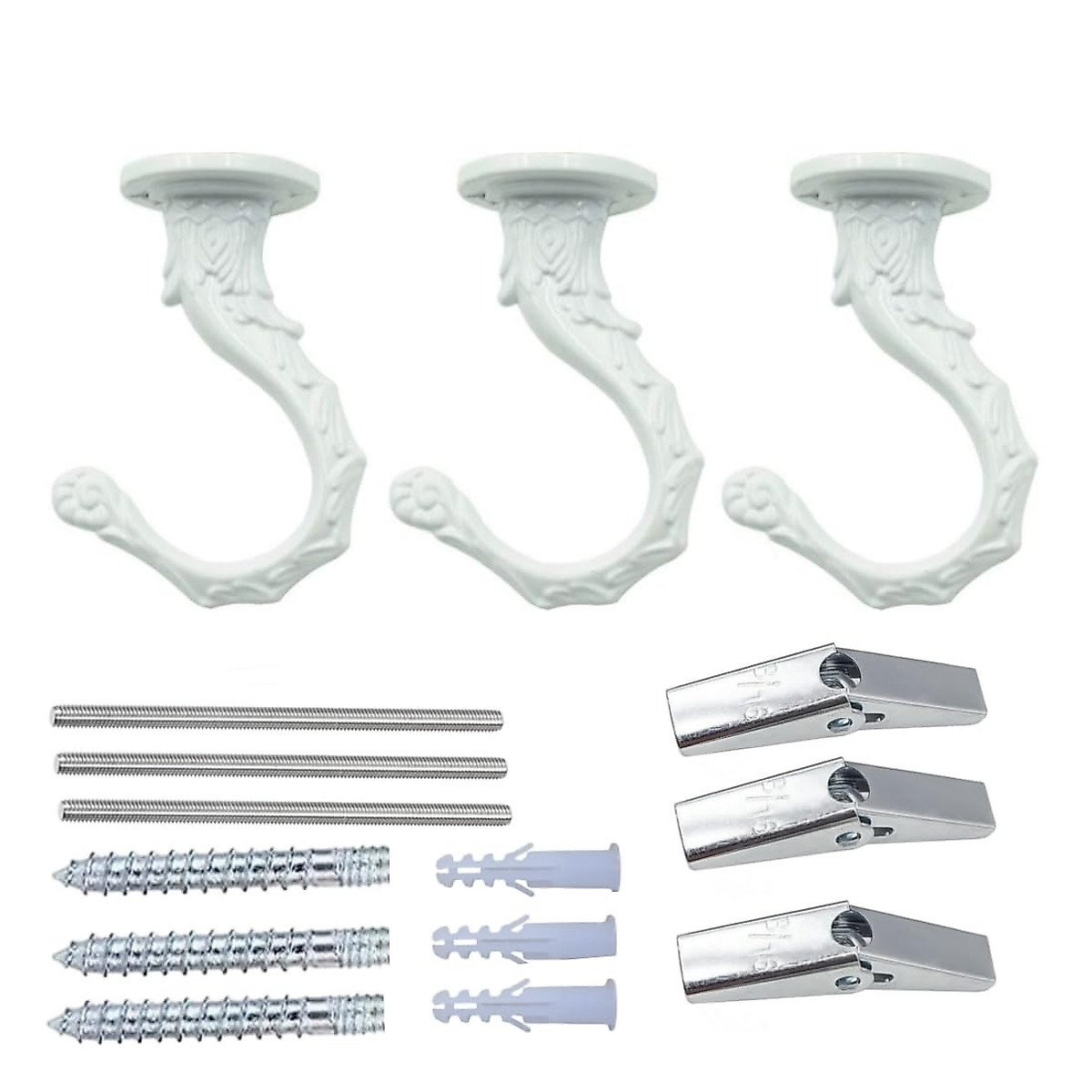 QLXHBOT Ceiling Hooks, Heavy Duty Swag Hook 65mm/2.6" with Screws Bolts and Toggle Wings for Hanging Plants Ceiling Installation Cavity Wall Fixing (3 Sets White)