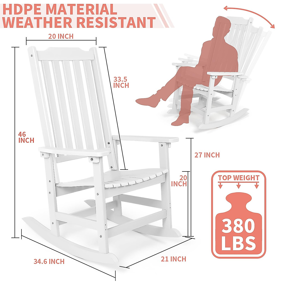 Mguio Outdoor Rocking Chairs Set of 2, Porch Rocker with High Back, Patio Rockers Set of 2, HDPE Weather Resistant Rocking Chairs for Patio, Garden, Backyard, 380lb