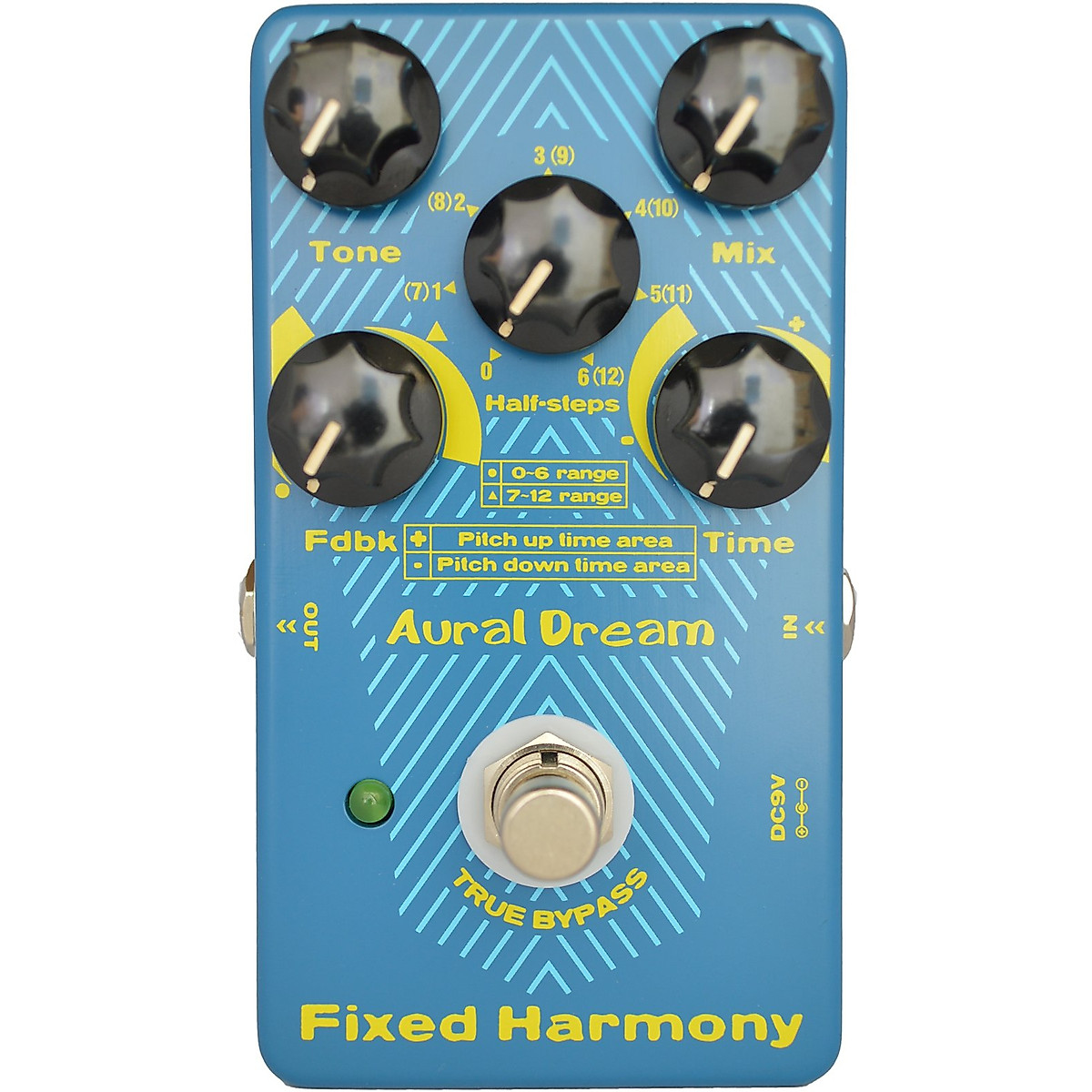Aural Dream Fixed Harmony Guitar Pedal provides Delay Harmony and PitchShifting 24 semitones or Octave(s) effect for Cascaded harmony of the fixed scale difference,True Bypass