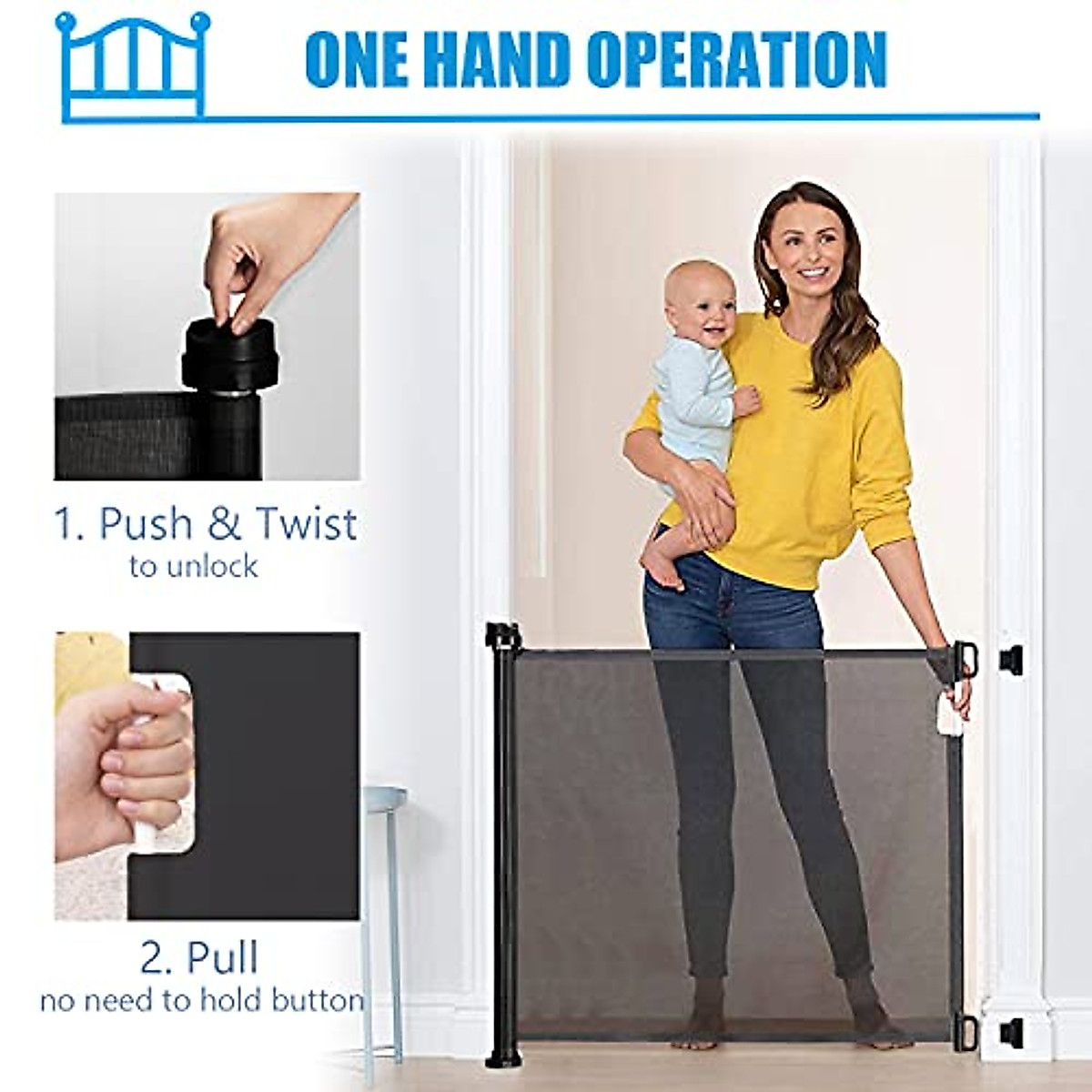 Double Elite Retractable Stair Gate 71 inch Widest Baby Safety Gate, 34” Tall, One Hand Operated Baby Gate with Spacers/Upgraded Parts, Indoor/Outdoor Stair Gate for Baby/Pet Dog/Stairway, Black