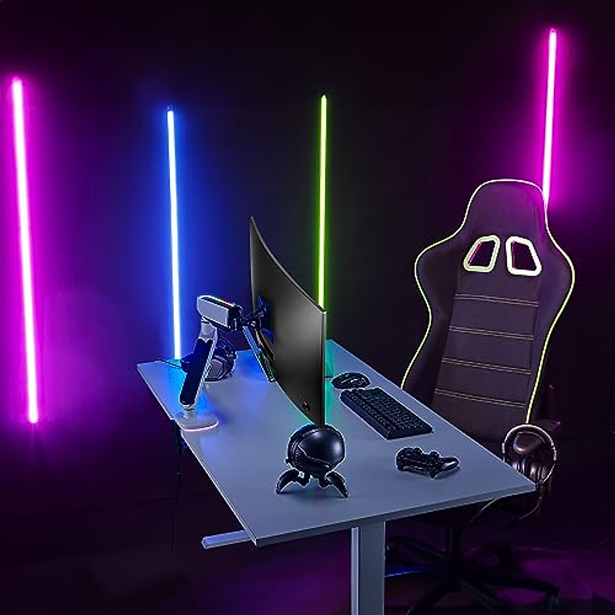 AVLT Single 27”-45” RGB Gaming Monitor Arm Desk Mount Built-in 20 Lighting Modes Touch Button Control Fits Flat/Curved/Ultrawide Monitor Height Swivel Tilt Rotation Adjustable Monitor Stand -White