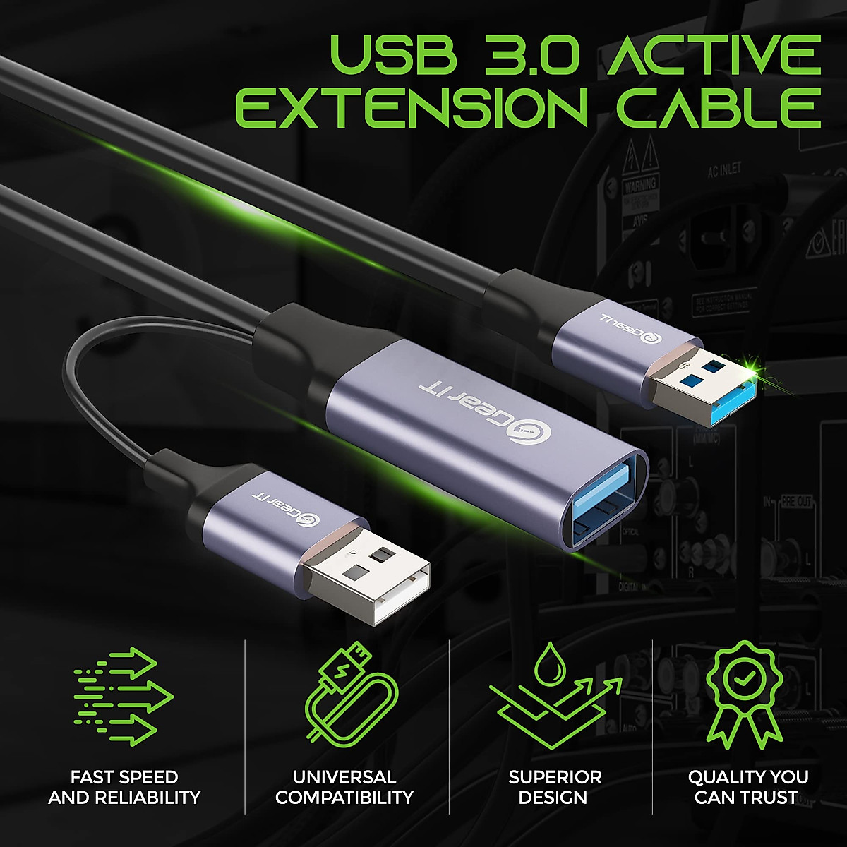 GearIT USB 3.0 Active Extension Cable (30 Feet) A-Male to A-Female USB Repeater with Signal Booster for Oculus Rift, Quest Link, Xbox 360 Kinect, PlayStation, Printer, Webcam - 30ft