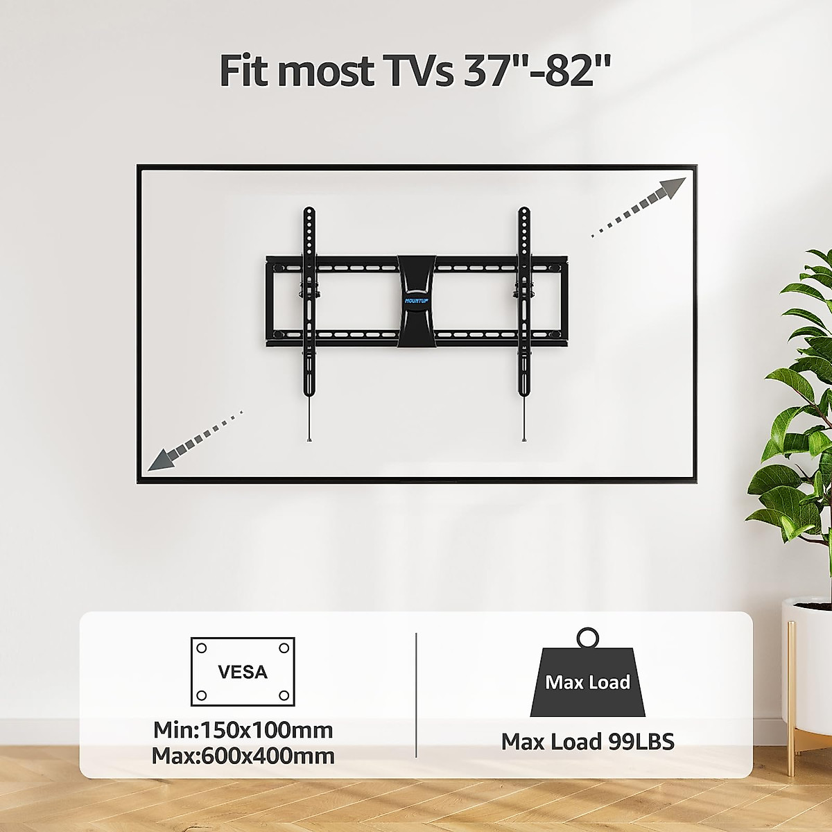 MOUNTUP UL Listed TV Wall Mount, Tilting TV Mount Bracket for Most 37-75 Inch Flat Screen/Curved TV Low Profile Wall Mount Saving Space Max VESA 600x400mm Hold up to 99 lbs Fit 16" 18" 24" Stud MU0008
