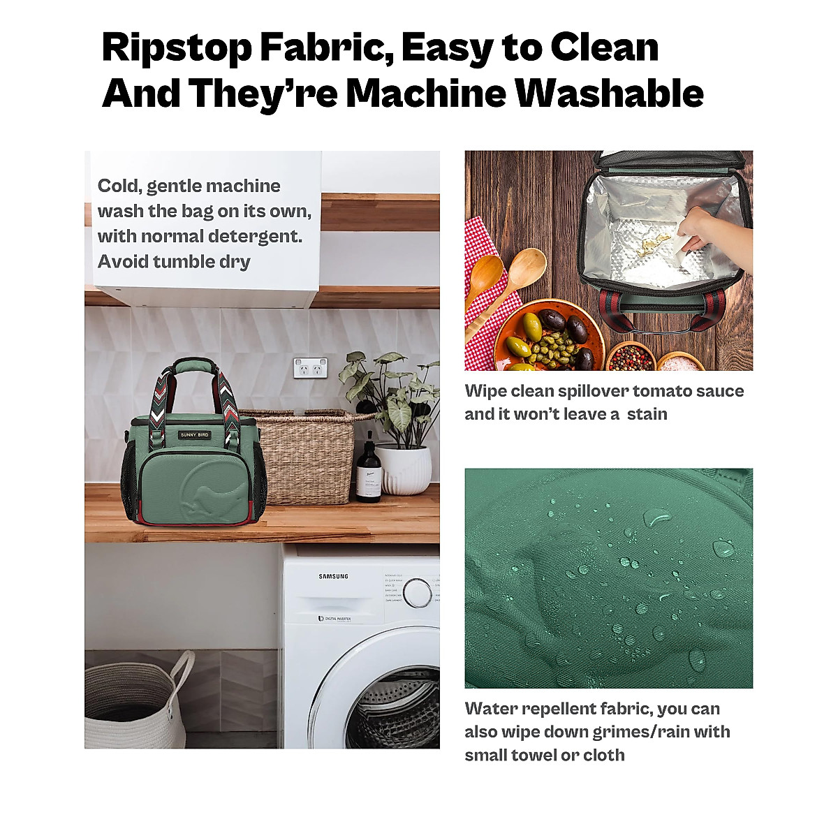 SUNNY BIRD 12L Large Insulated Lunch Bag, Foldable Lunch Cooler Box for Women Adult and Men, Fits 18 Cans (Green with boho strap)